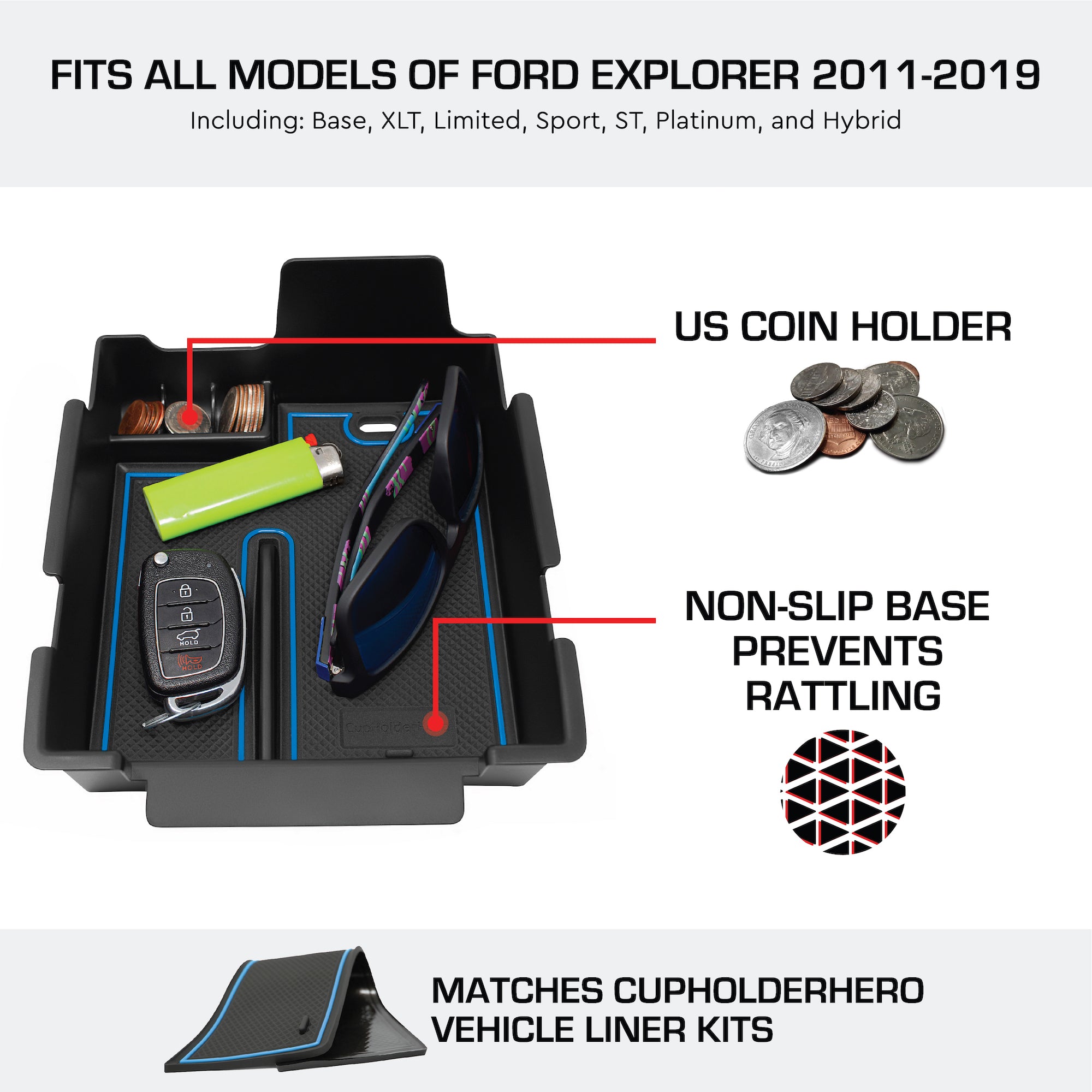 CupHolderHero for Ford Explorer Organizer Tray 2011-2019